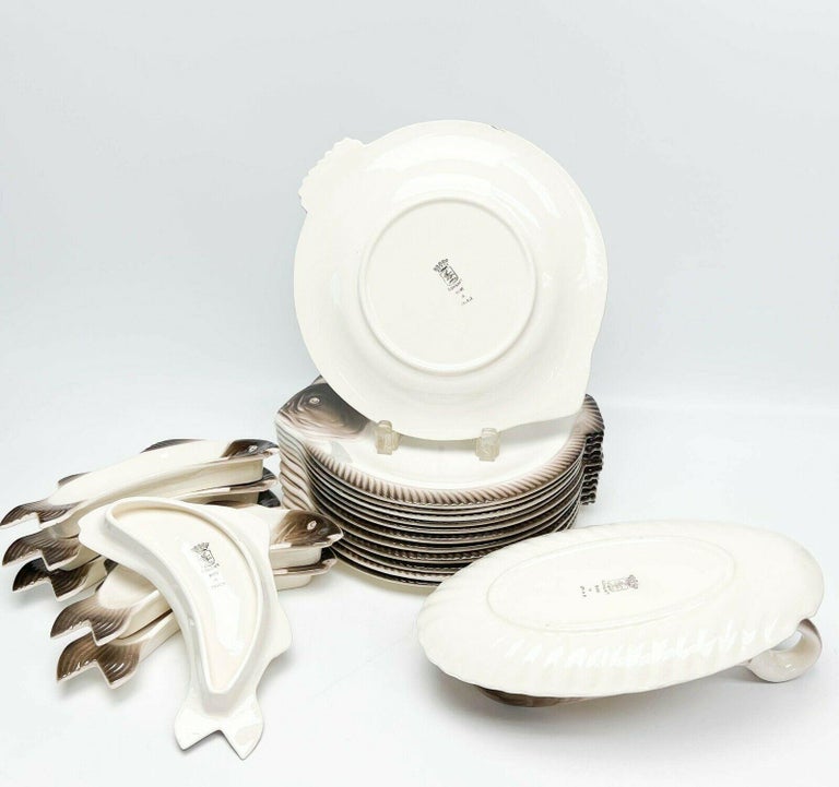 Set of 12 Longwy France Porcelain Pottery Fish Dinner Halibut ...