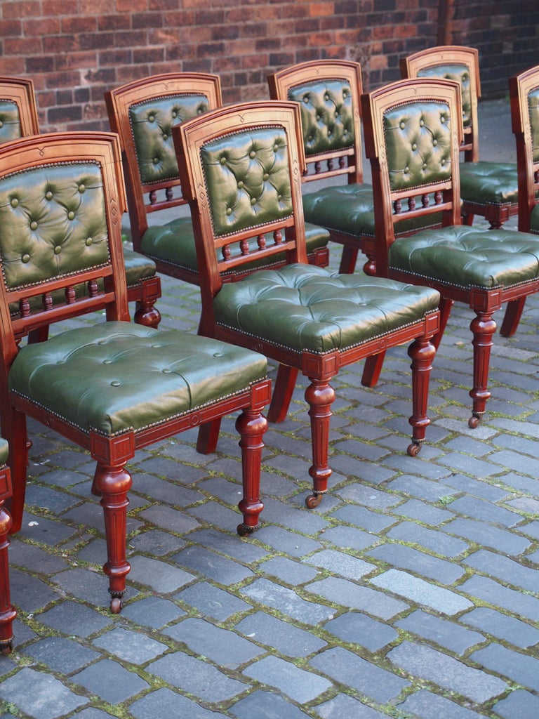 Set of 12 Mahogany and Green Leather Dining Chairs For Sale at 1stDibs