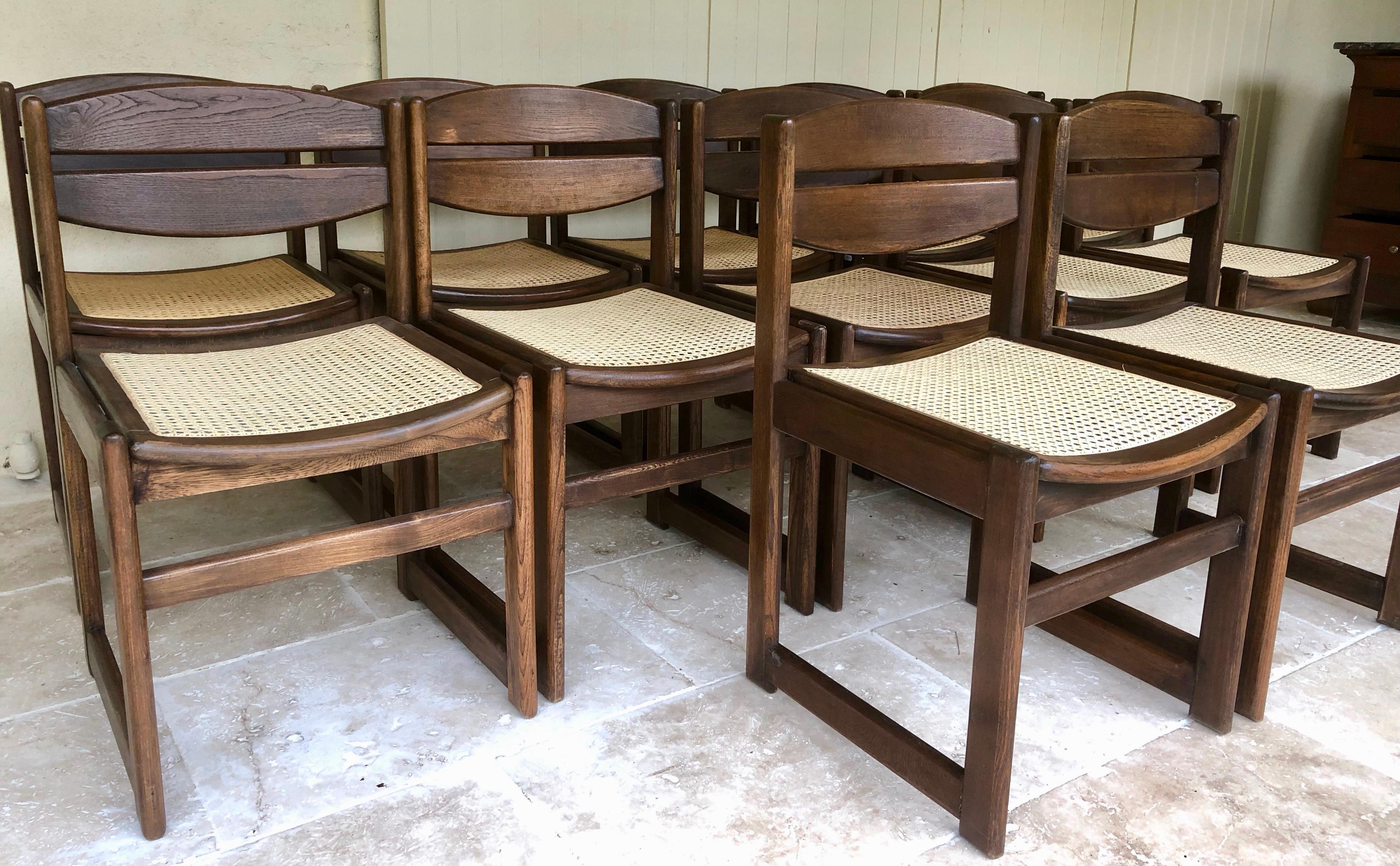 Set of 12 Mid-century Sled Style Dining Chairs in Walnut and Cane For ...