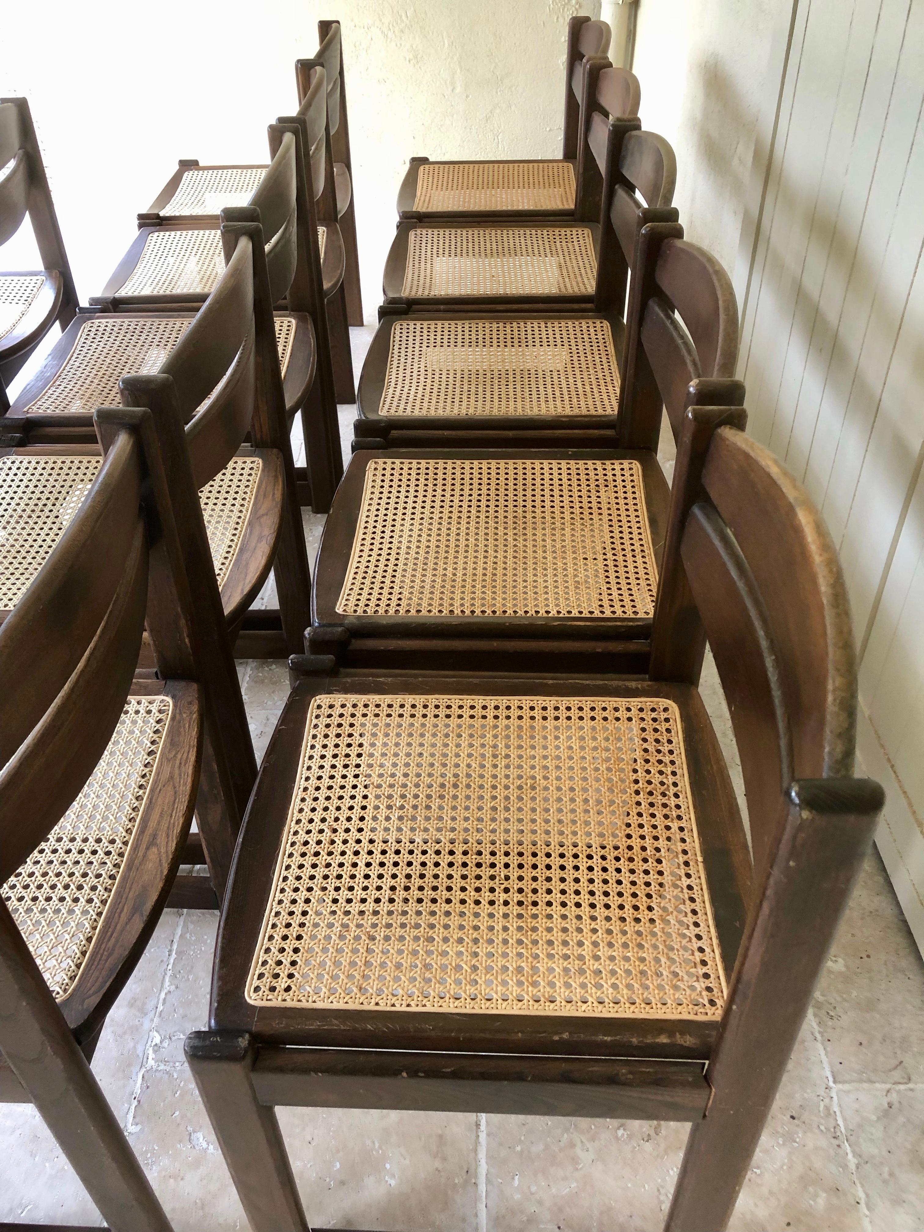 Set of 12 Mid-century Sled Style Dining Chairs in Walnut and Cane For ...