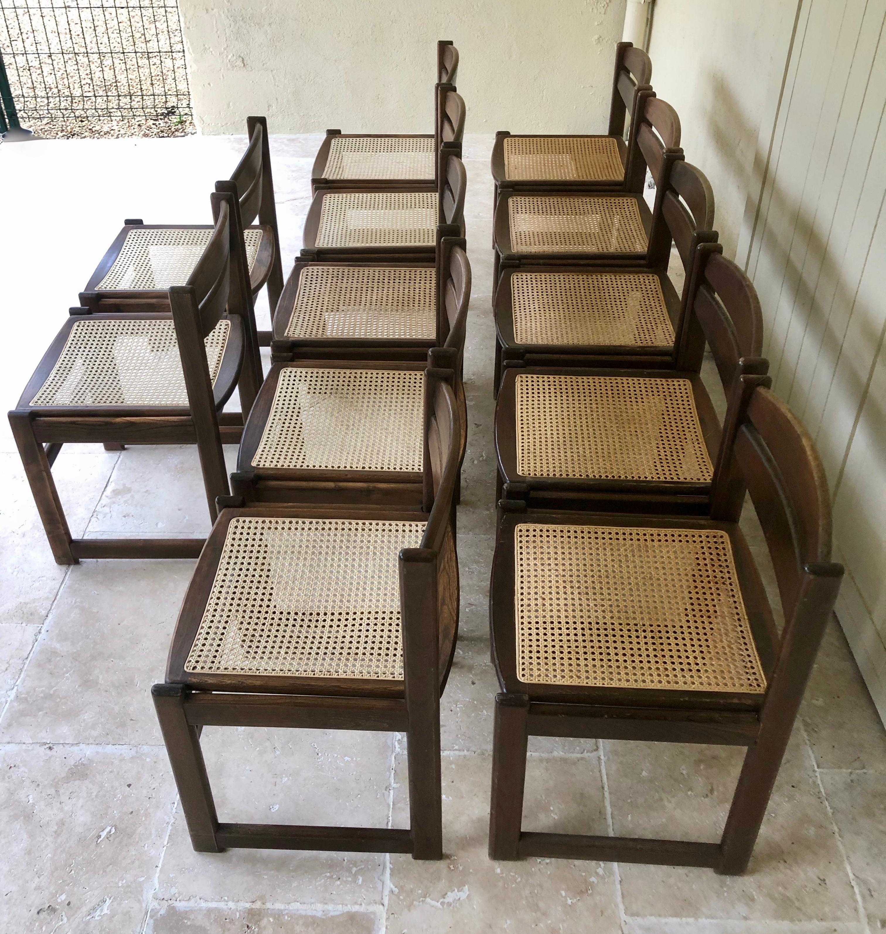 Set of 12 Mid-century Sled Style Dining Chairs in Walnut and Cane For ...