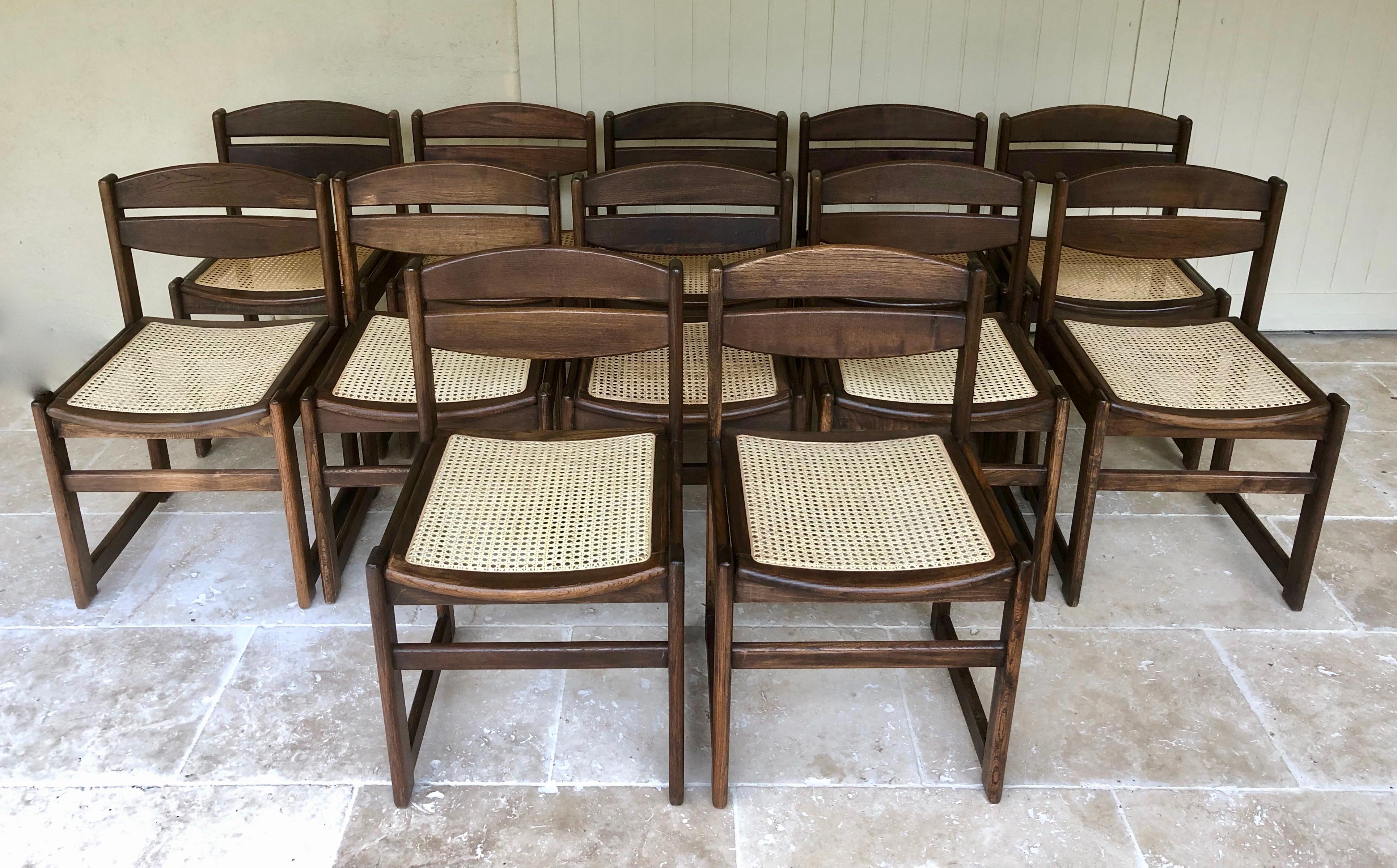 Set of 12 Mid-century Sled Style Dining Chairs in Walnut and Cane For ...