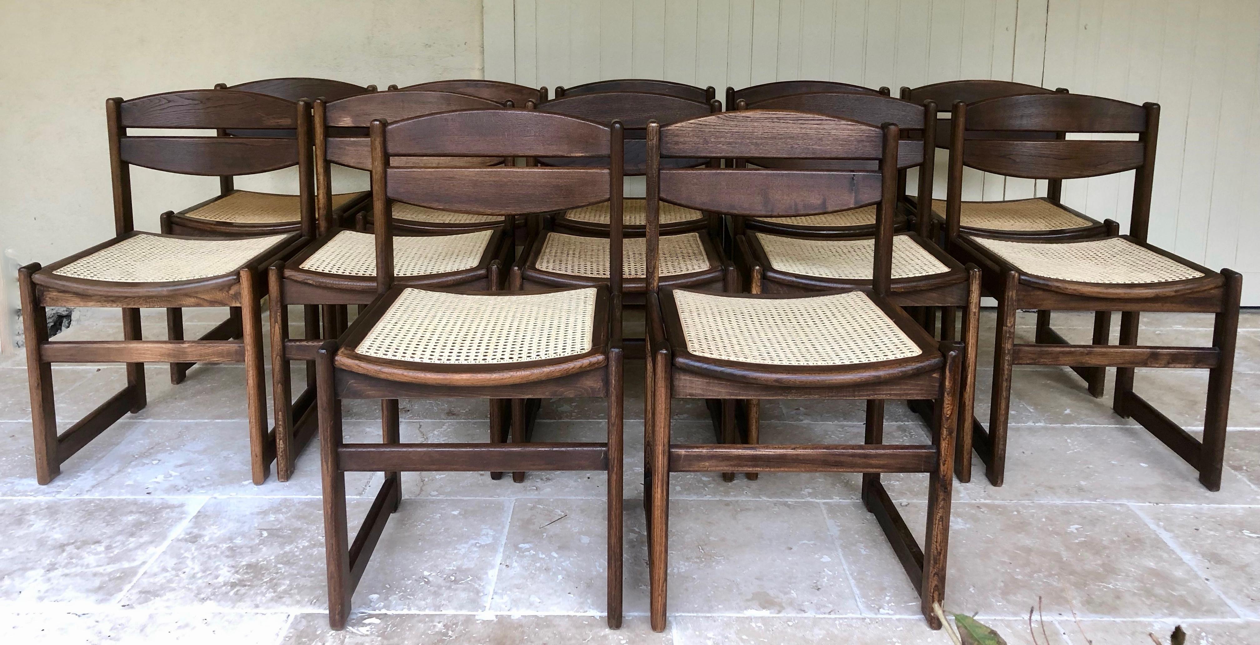 Set of 12 Mid-century Sled Style Dining Chairs in Walnut and Cane For ...