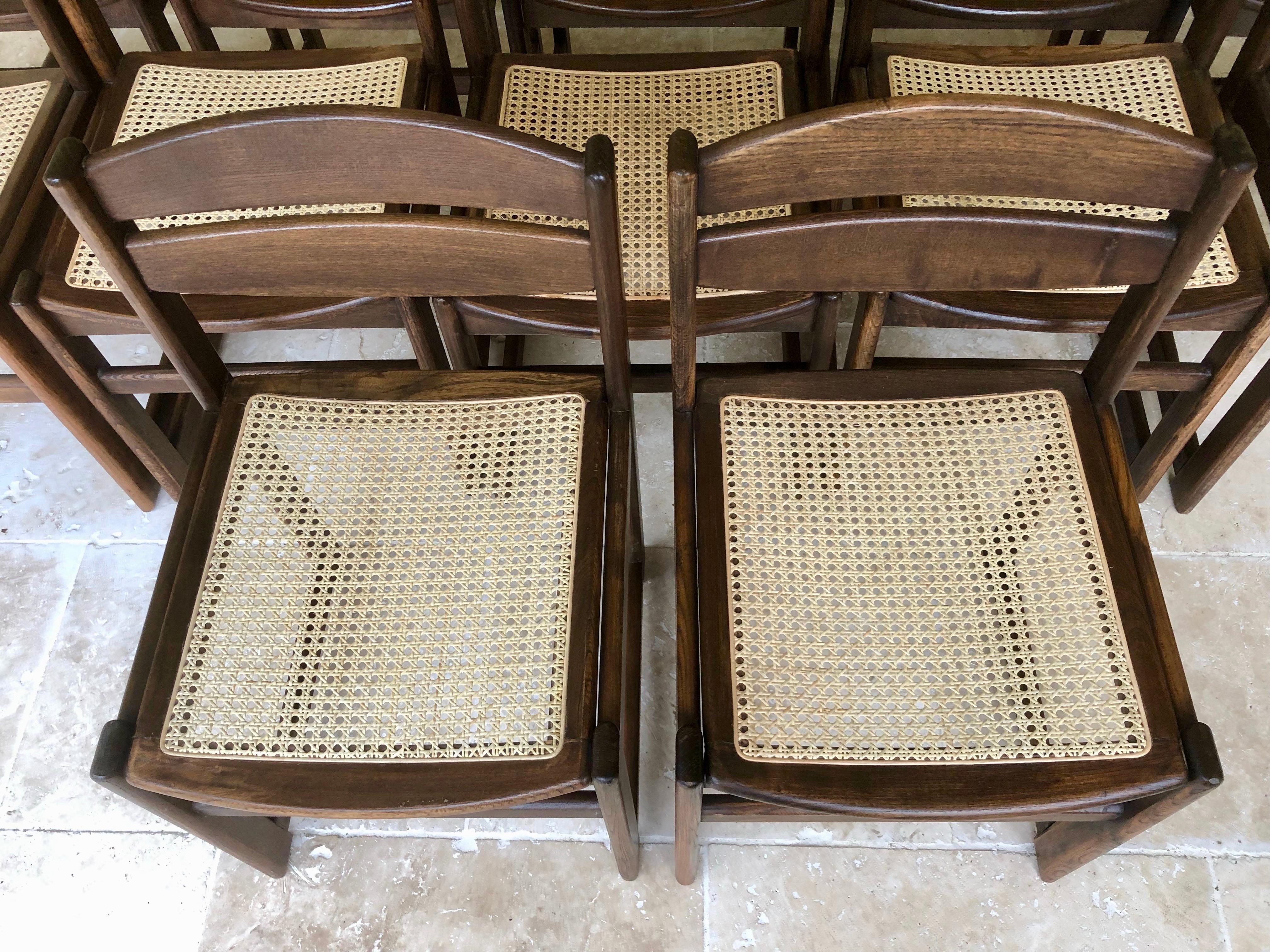Set of 12 Mid-century Sled Style Dining Chairs in Walnut and Cane For ...