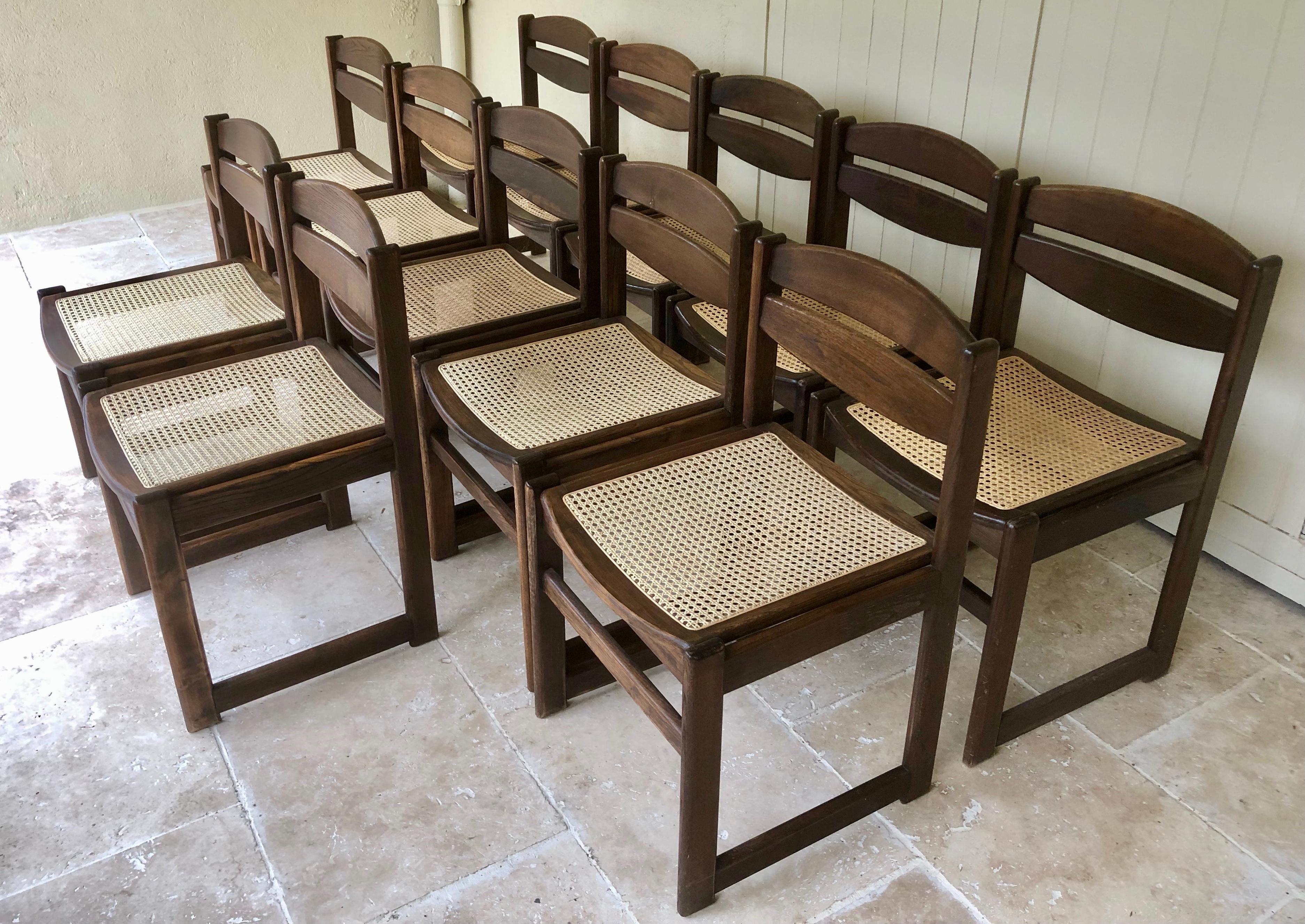 Set of 12 Mid-century Sled Style Dining Chairs in Walnut and Cane For ...