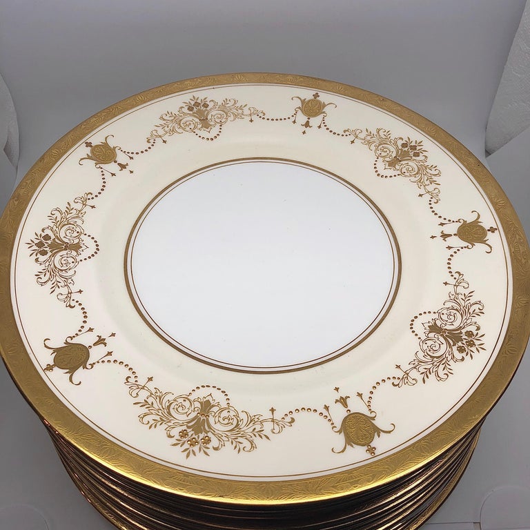 Set of 12 Minton Dinner Plates Decorated with Ribbons of Raised Gilded ...