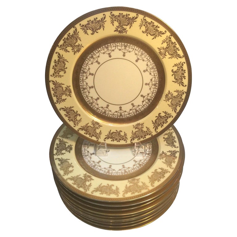 Set of 12 Service Dinner Plates with Vanilla and Gilt Borders For Sale ...