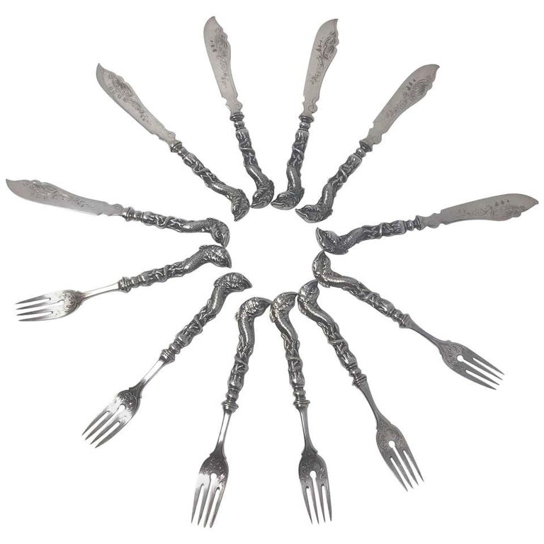 Set of 12 Signed Antique German .800 Silver Figural Dolphin Fish Forks ...