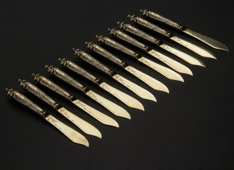 Set of 12 Silver Gilded Butter Knives Dated 1896 For Sale at 1stDibs