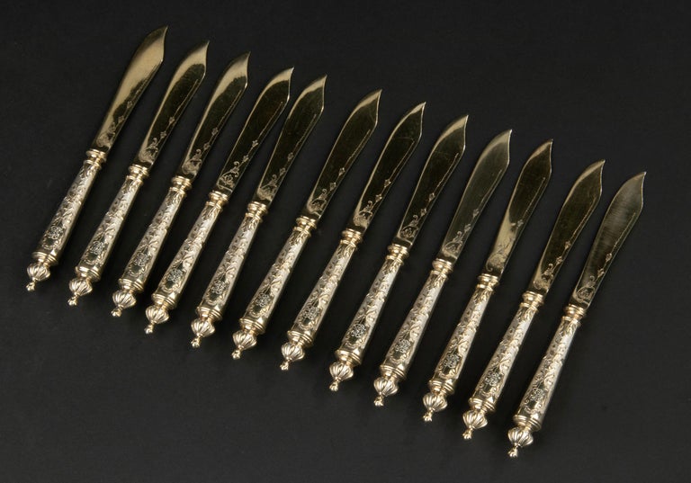 Set of 12 Silver Gilded Butter Knives Dated 1896 For Sale at 1stDibs