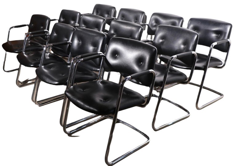 Set of 12 Steelcase Chrome and Black Cantilevered Armchairs Model 421 ...