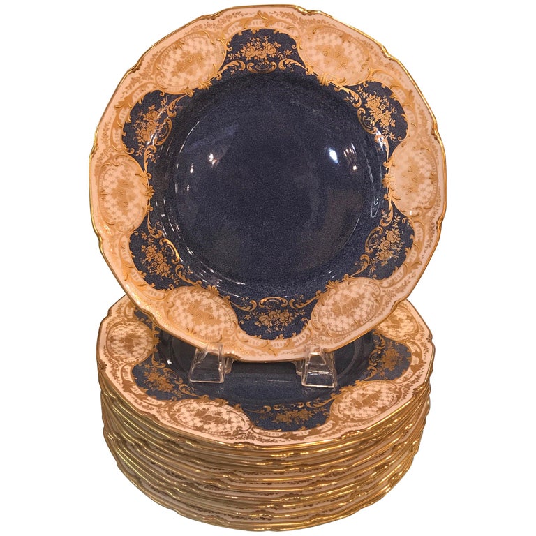 Set of 12 Sumptuous English Raised Gilt Service Plates For Sale at 1stDibs