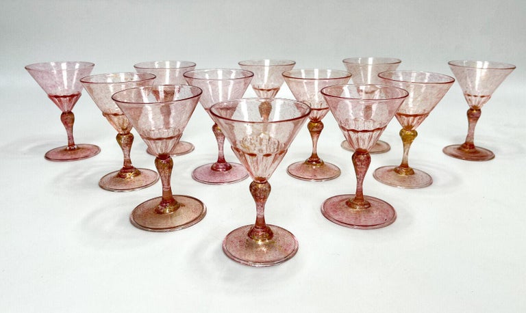 Set of 12 Venetian Cranberry Art Glass and Gold Fleck Wine Goblets For ...