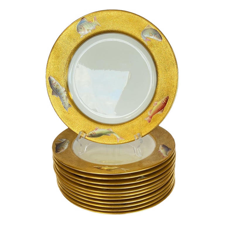 Set of 12 Vintage English Fish Gold Scale Rim Plates - all Different ...