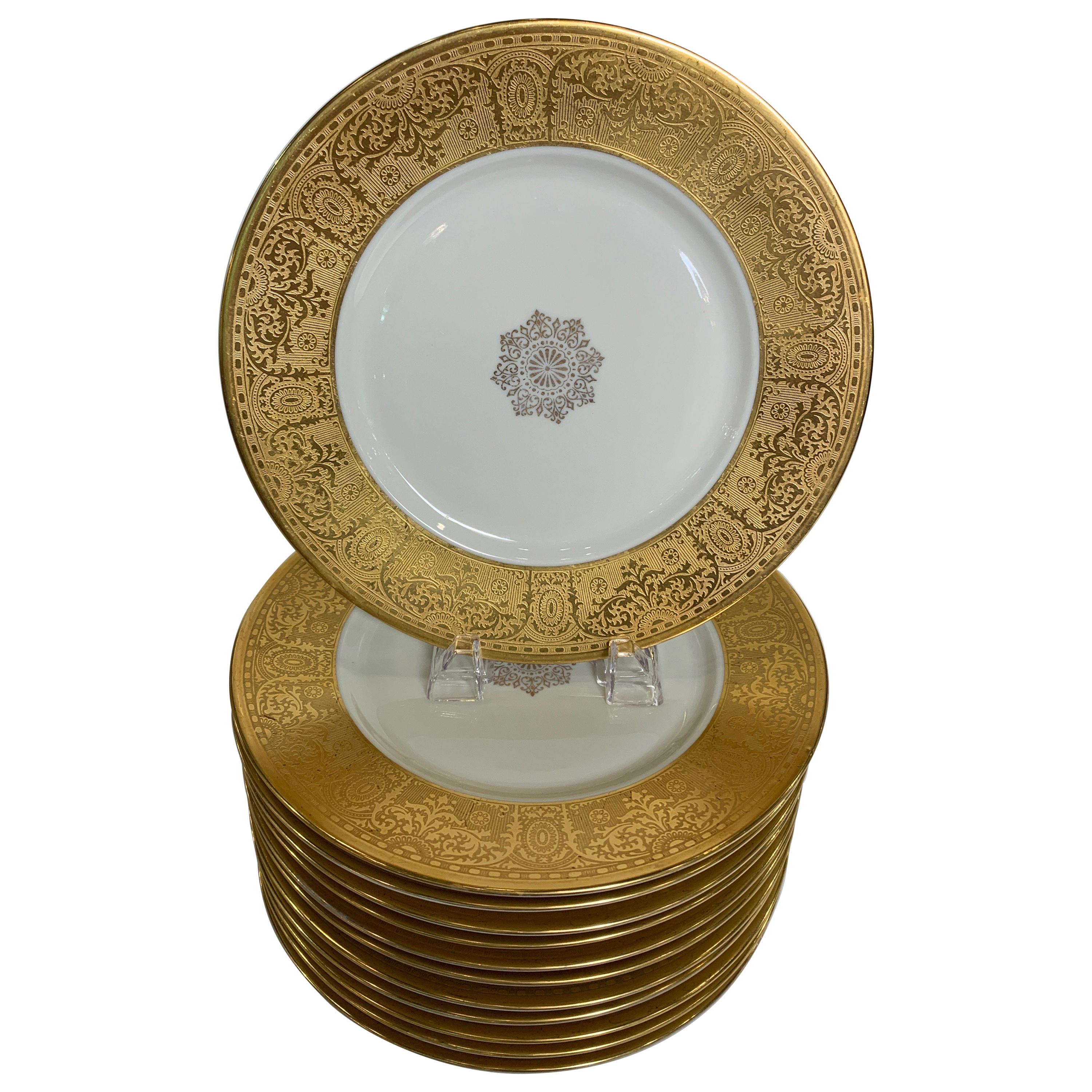 Set of 12 Wide Gold Bordered Service Plates For Sale at 1stDibs