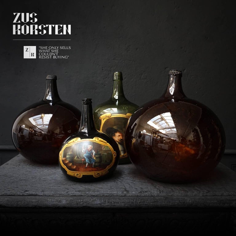 Set of 19th Century Green Glass Hand-Painted Liquor Bottles or ...