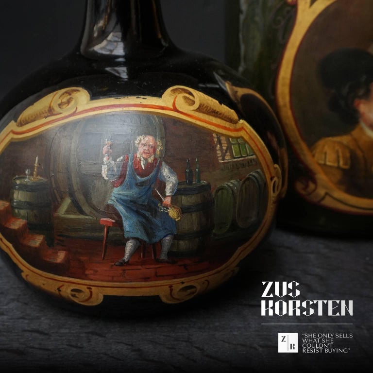 Set of 19th Century Green Glass Hand-Painted Liquor Bottles or ...