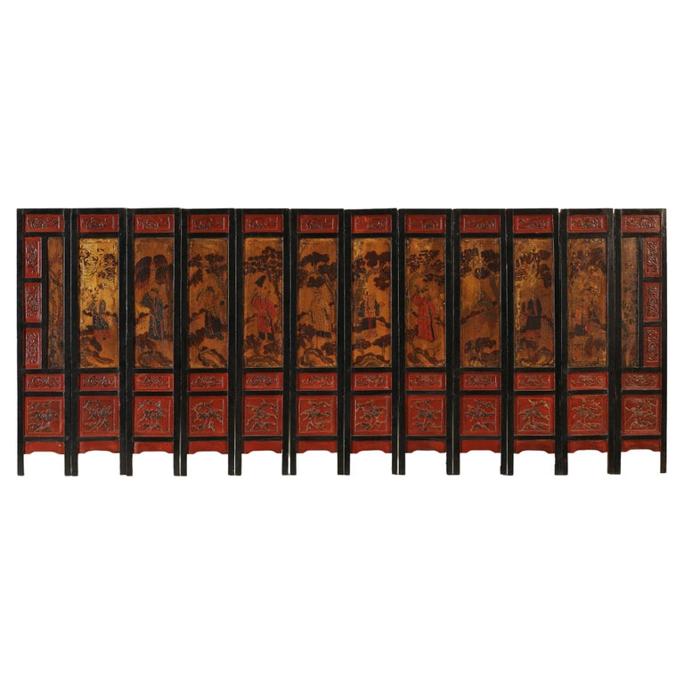 Set of 19th Century Hand-Painted Table/Wall Screen with 12 Panels ...
