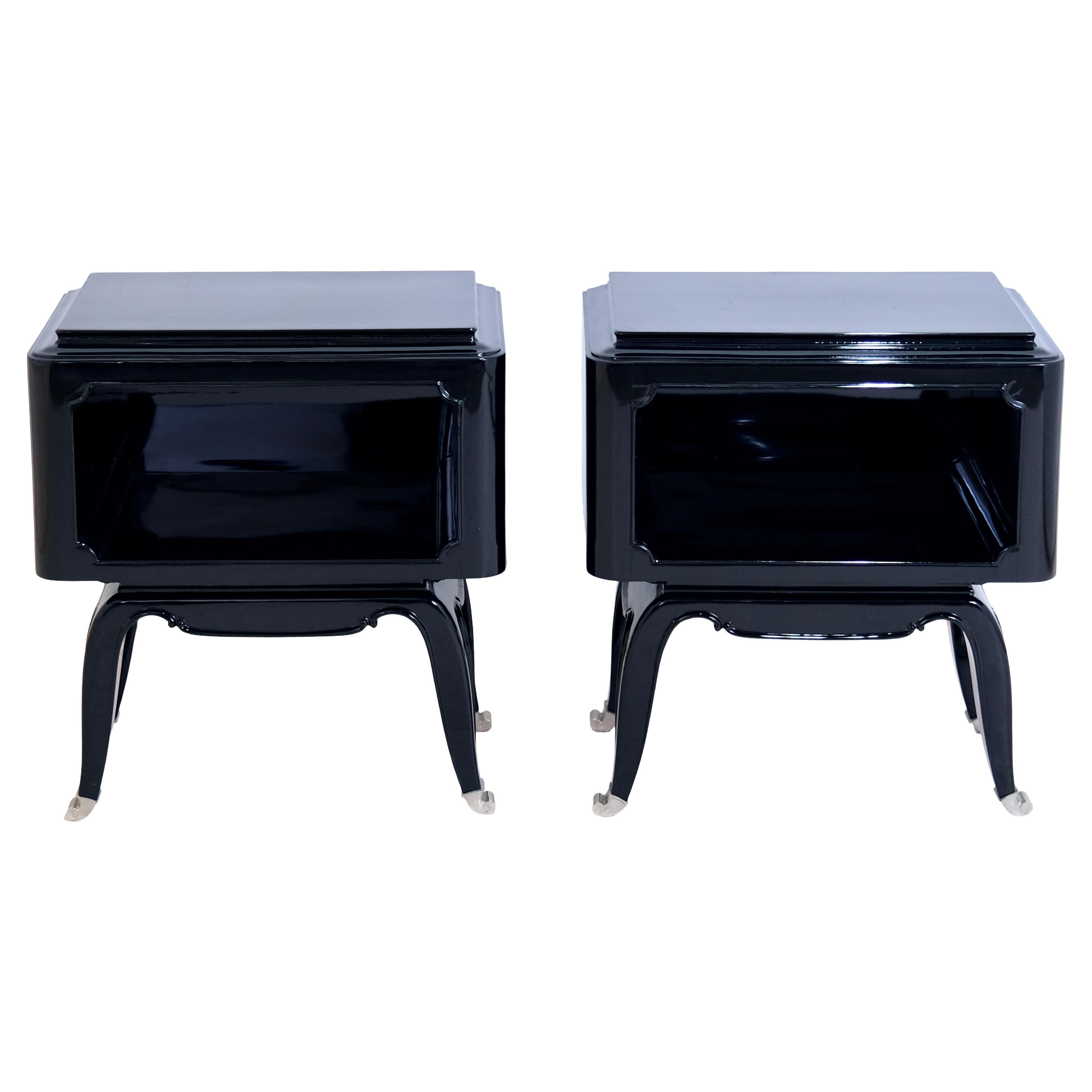 Set of 2 1930s French Art Deco Open Night Stands in Black Piano Lacquer ...