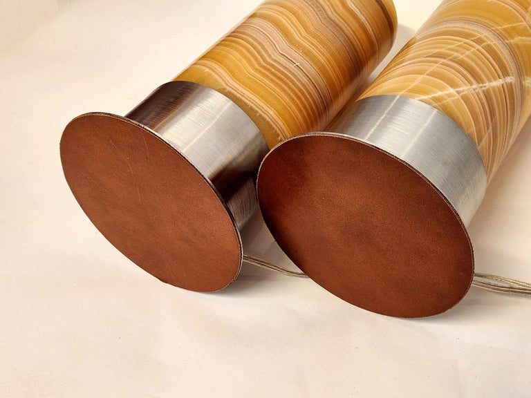 Set of 2 Ambient Onyx Table Lamps with Leather-Backed Stainless Steel ...