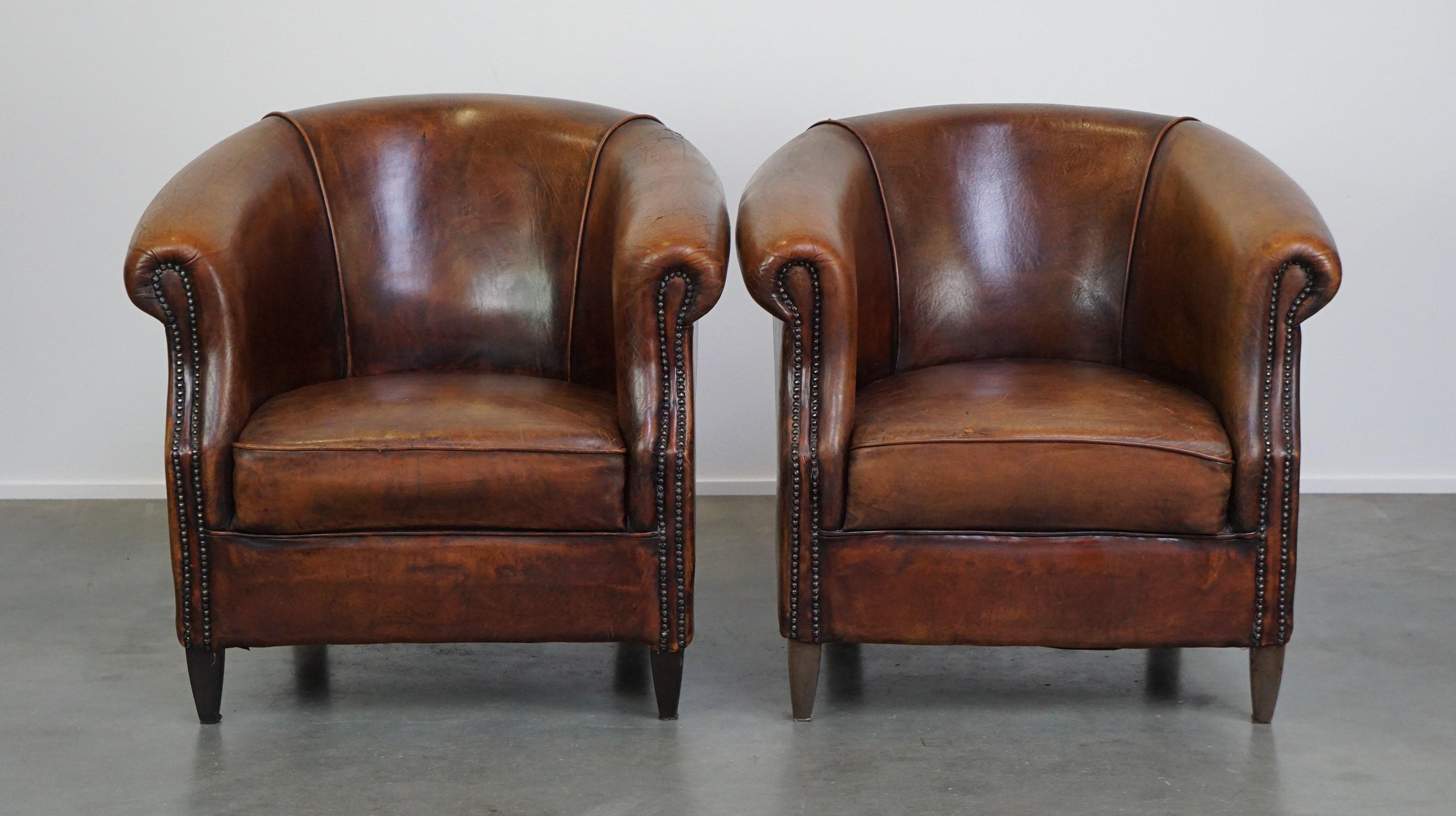 Set of 2 beautiful sheepskin club chairs with fixed seat cushions For ...