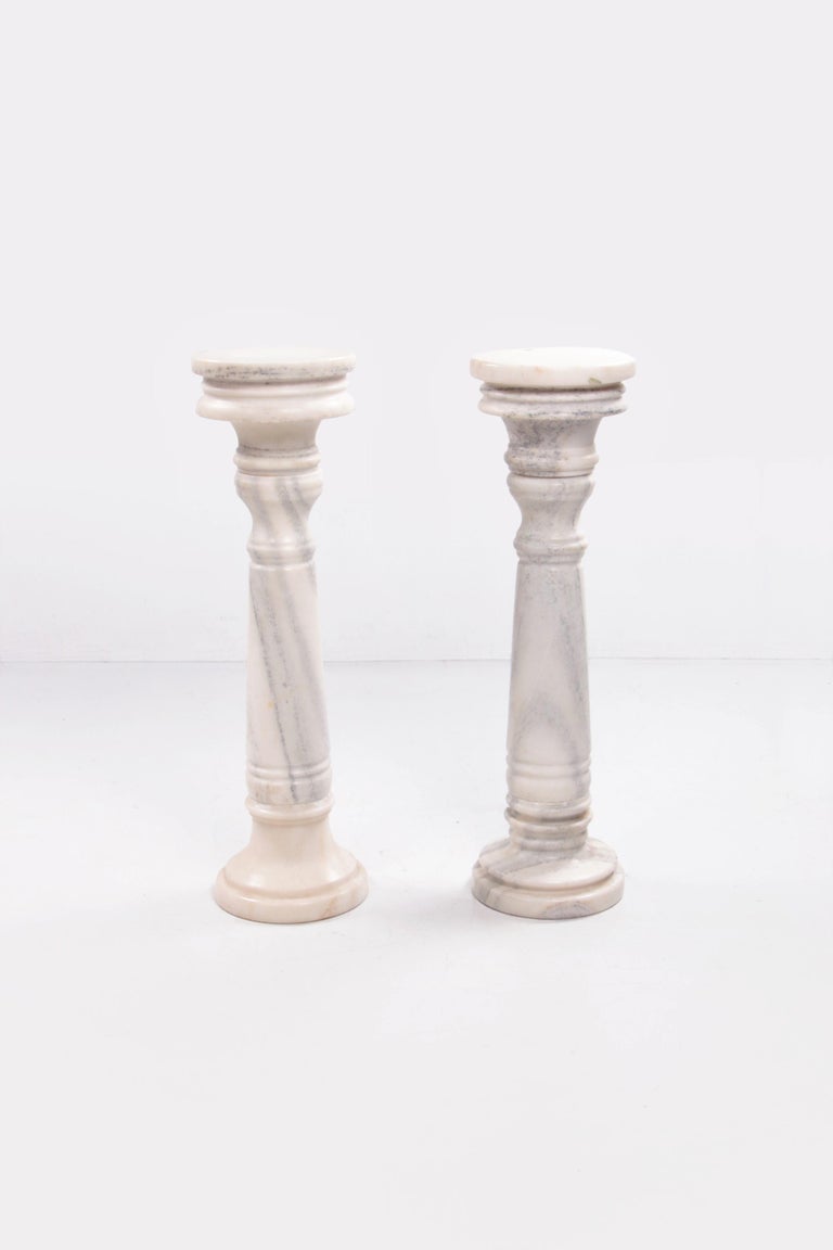 Set of 2 Beautiful White Grey Veined Marble Pedestals, France, 1920 For ...