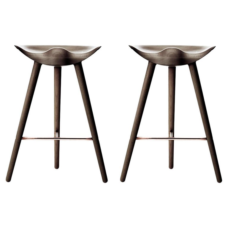 Set of 2 Brown Oak / Copper Counter Stools by Lassen For Sale at 1stDibs