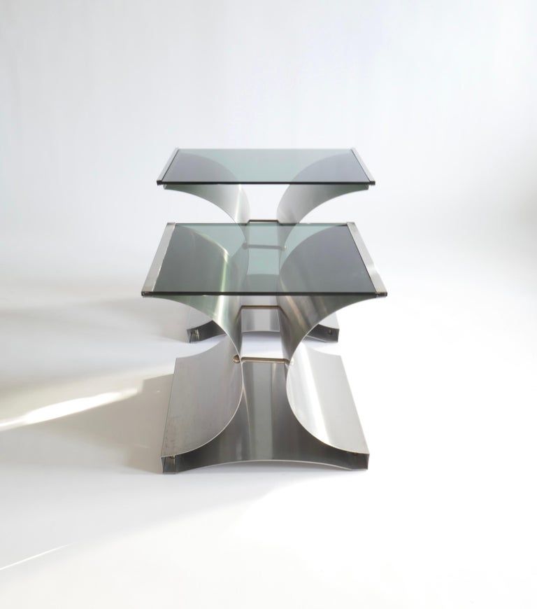 Set of 2 Brush Steel and Smoked Glass Side Tables by Francois Monnet ...