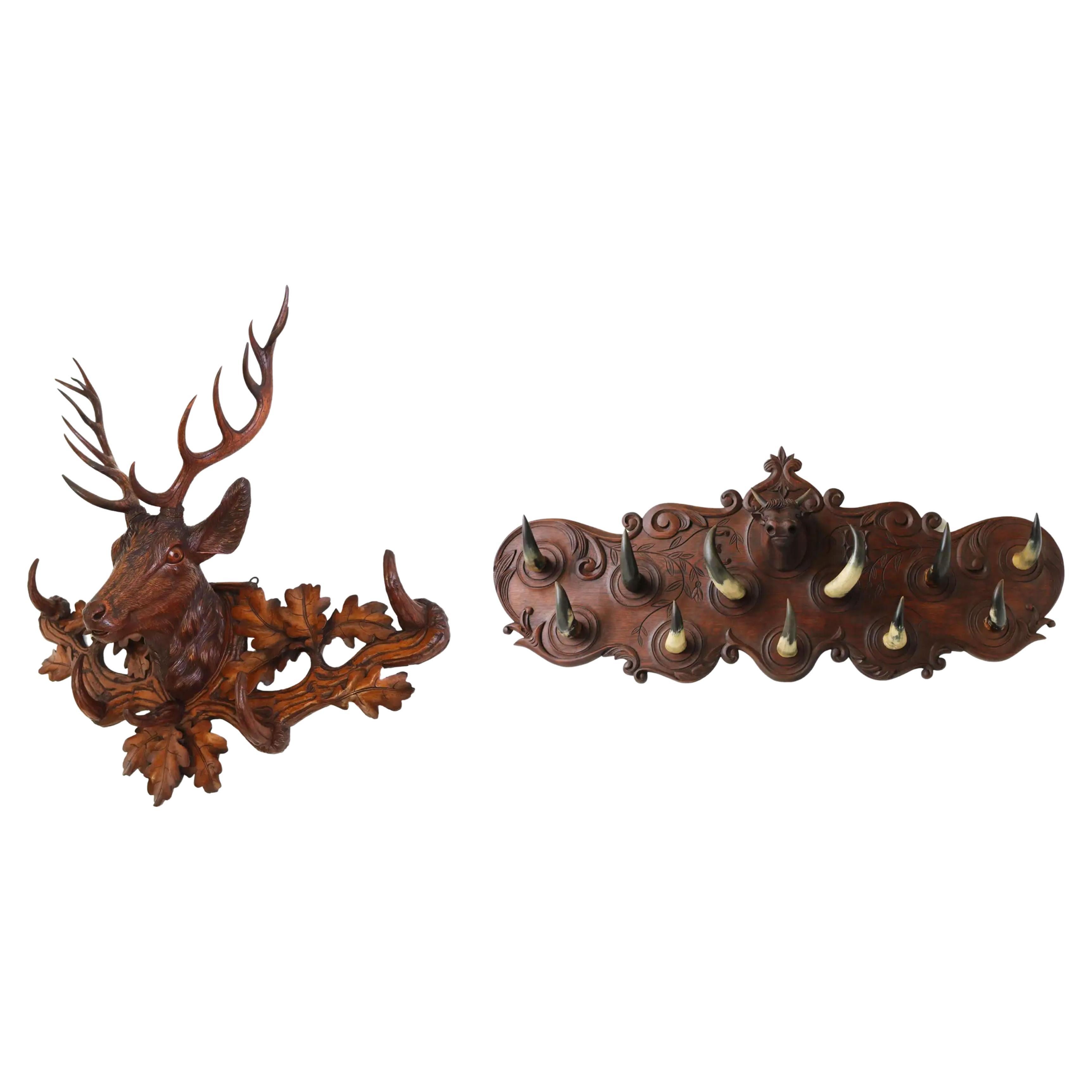 Set of 2 Coat racks Black Forest Stag and Cow / Bull with Horns at 1stDibs
