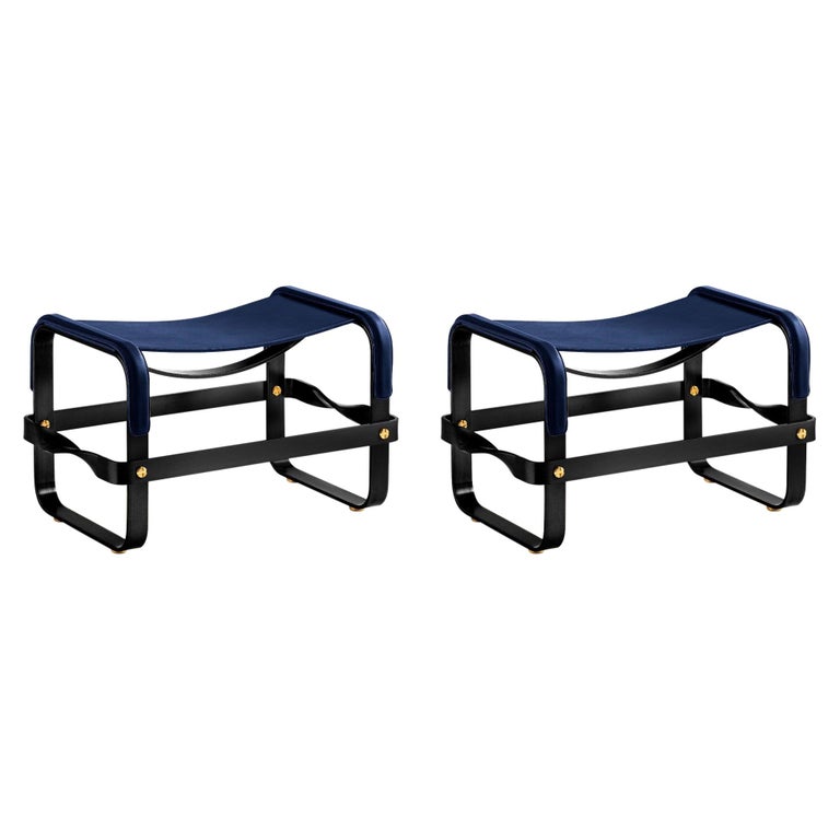 Set of 2 Footstool Black Smoke Steel and Navy Blue Leather, Modern ...