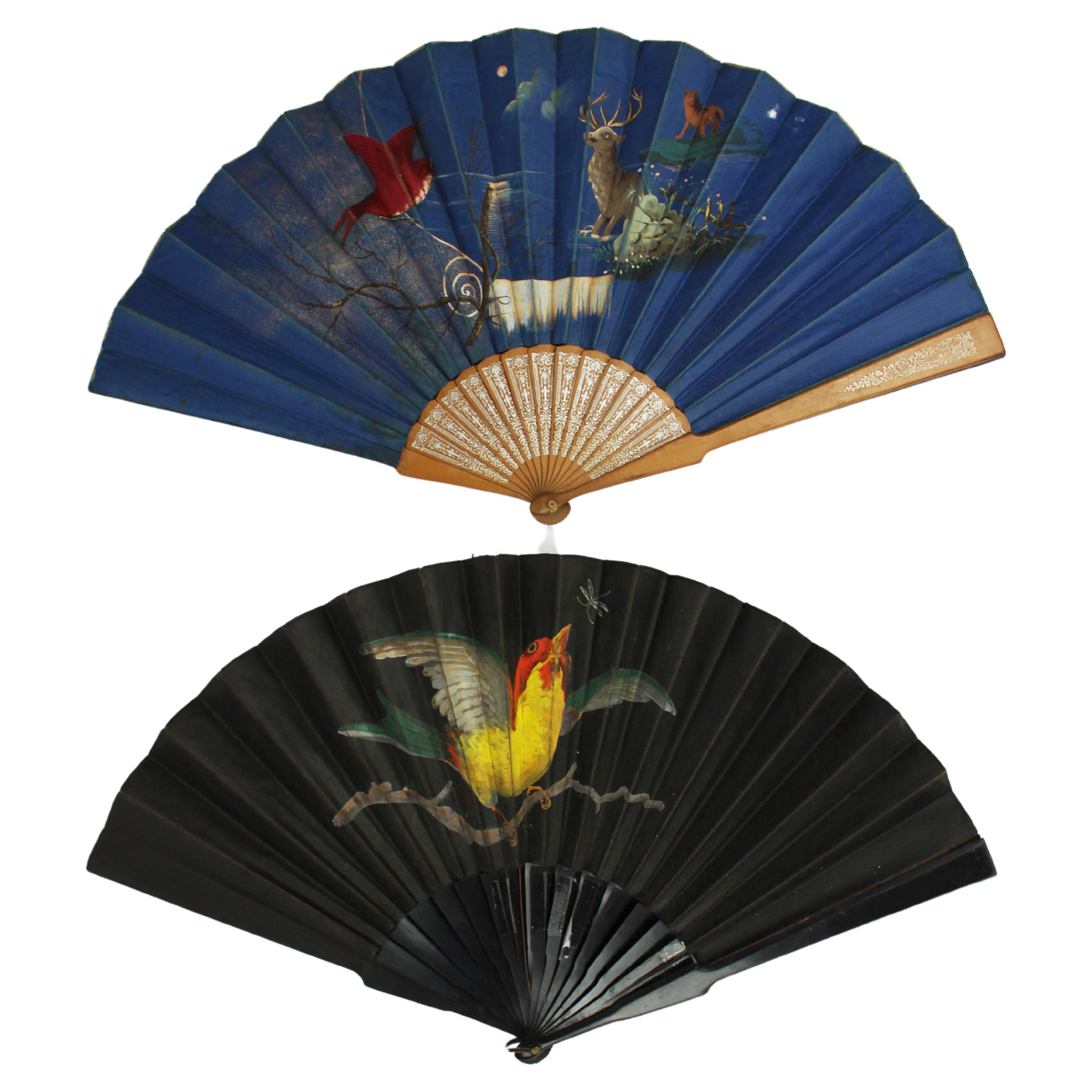 Set of 2 Handfans Handpainted Wooden Rods Belle Epoque 1900 France For ...