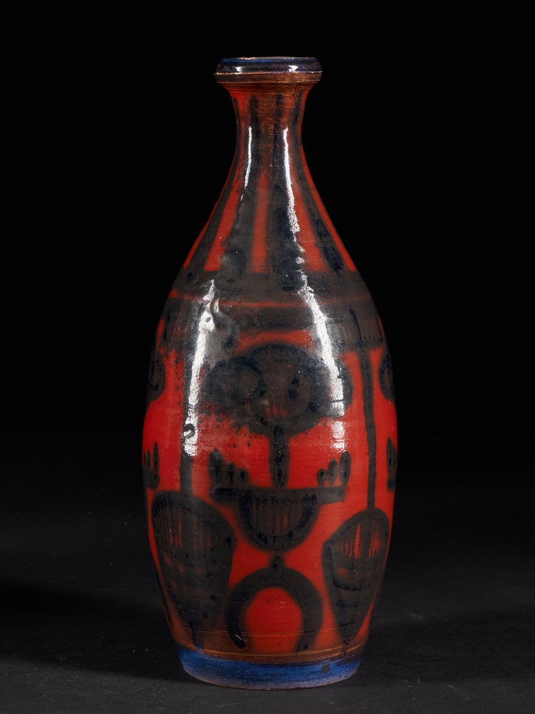 Set of 2 Handpainted Red and Black Vases For Sale at 1stDibs