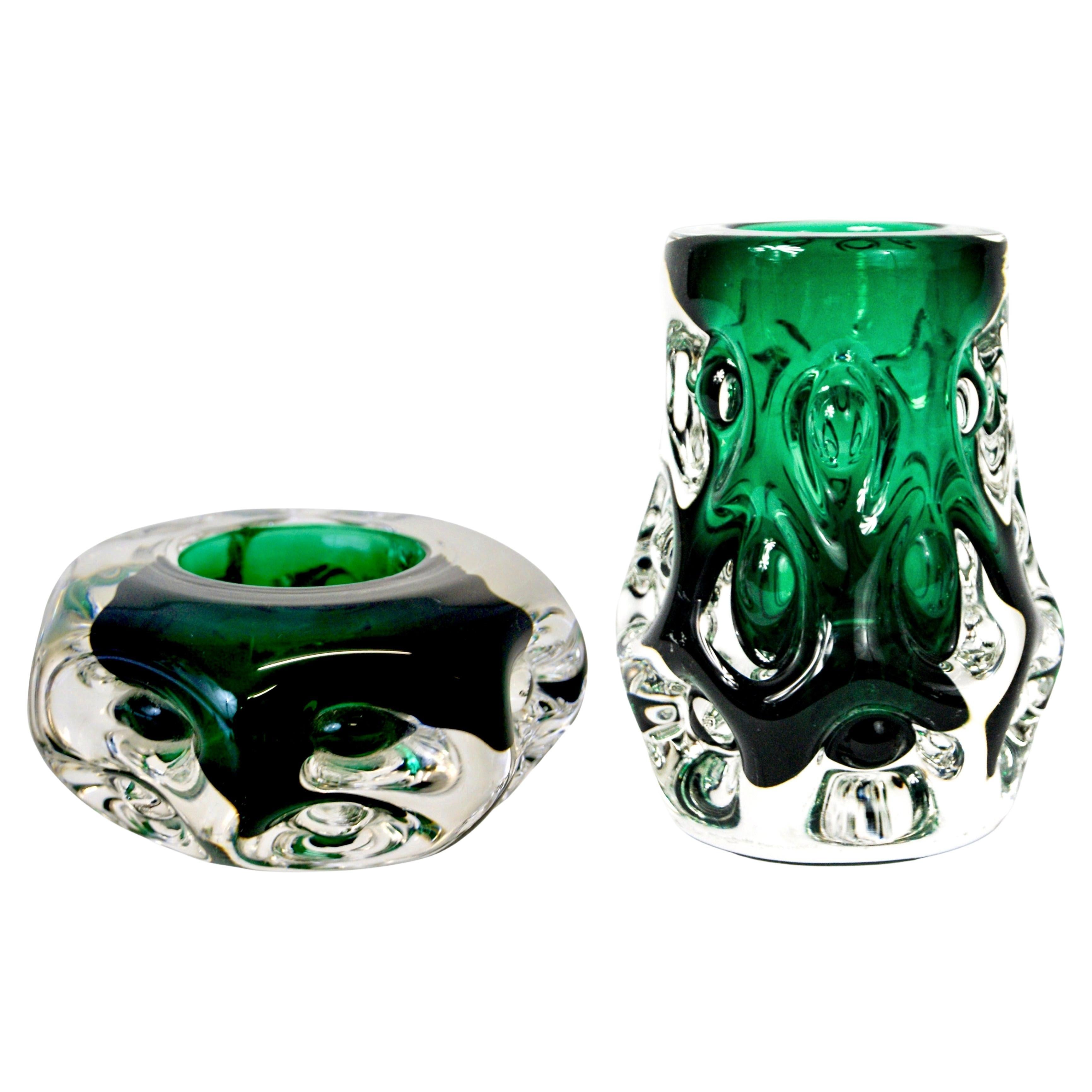 Set of 2 Liskeard Glass Knobbly Vase and Matching Bowl by Jim Dyer For ...