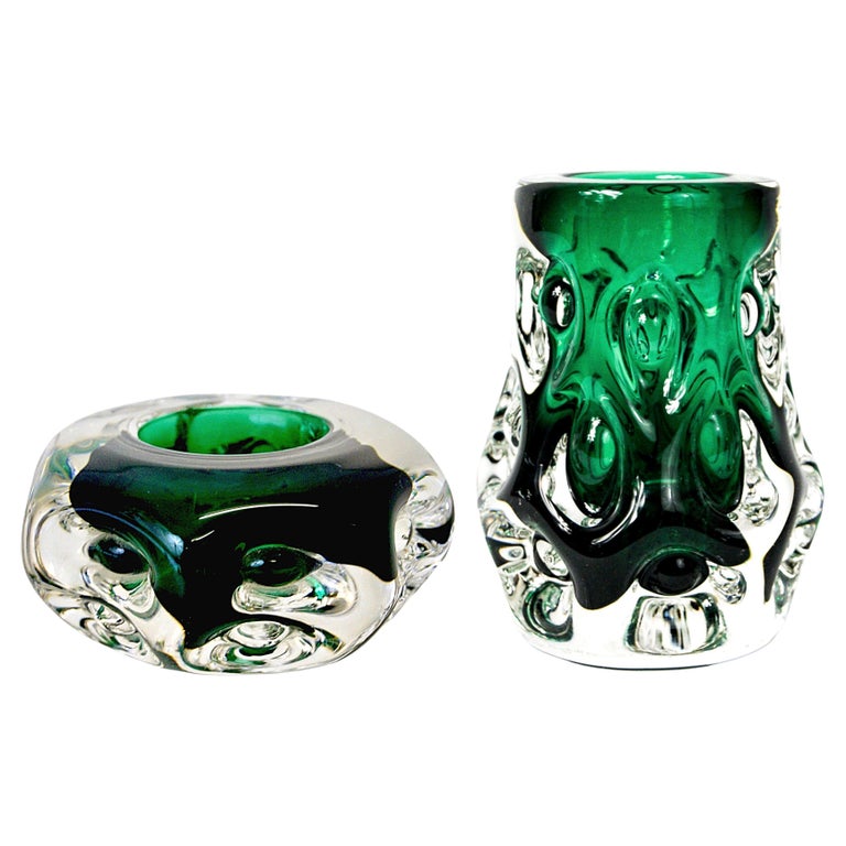 Set of 2 Liskeard Glass Knobbly Vase and Matching Bowl by Jim Dyer For ...