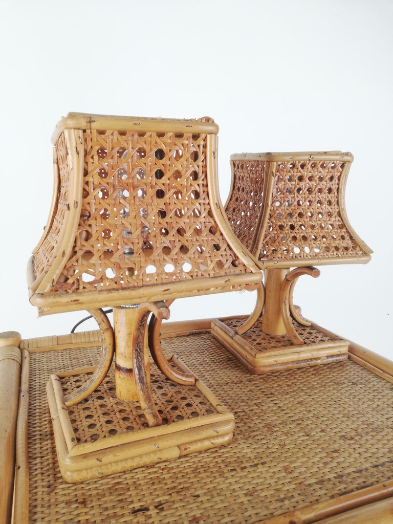 Set of 2 Midcentury Bedside Table Lamps in Rattan and Wicker Cane ...