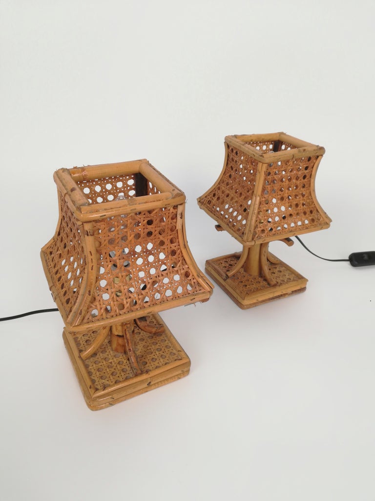 Set of 2 Midcentury Bedside Table Lamps in Rattan and Wicker Cane ...