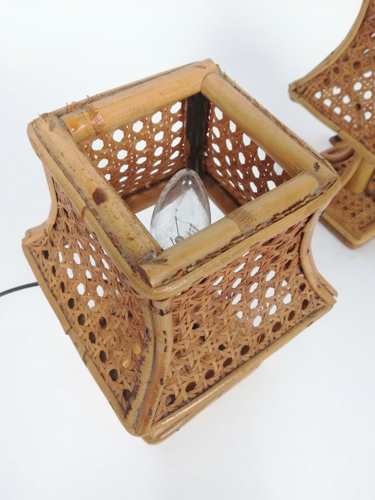 Set of 2 Midcentury Bedside Table Lamps in Rattan and Wicker Cane ...