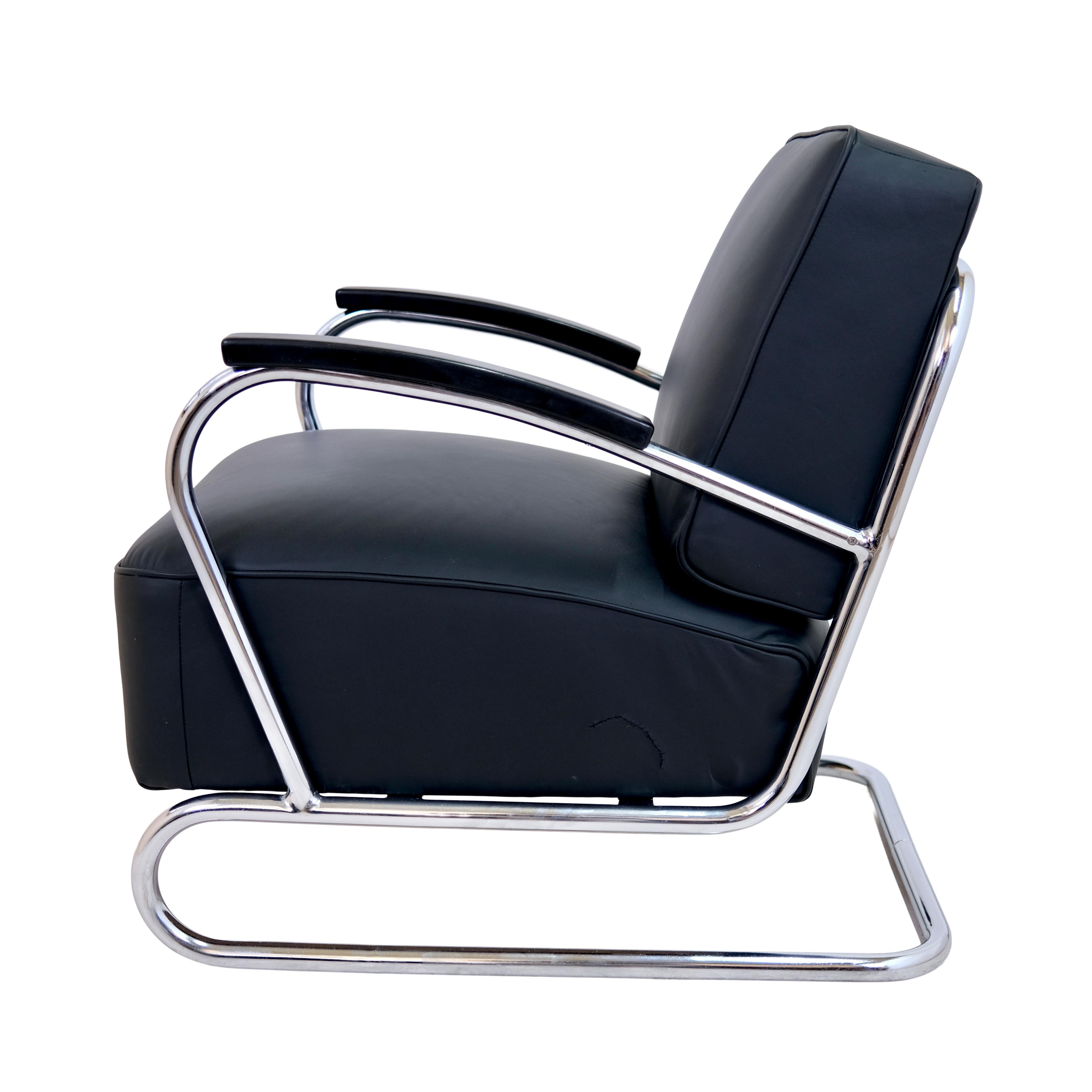 Set of 2 Mid-Century Modern Chrome Steel Tube Club Chairs with Black ...