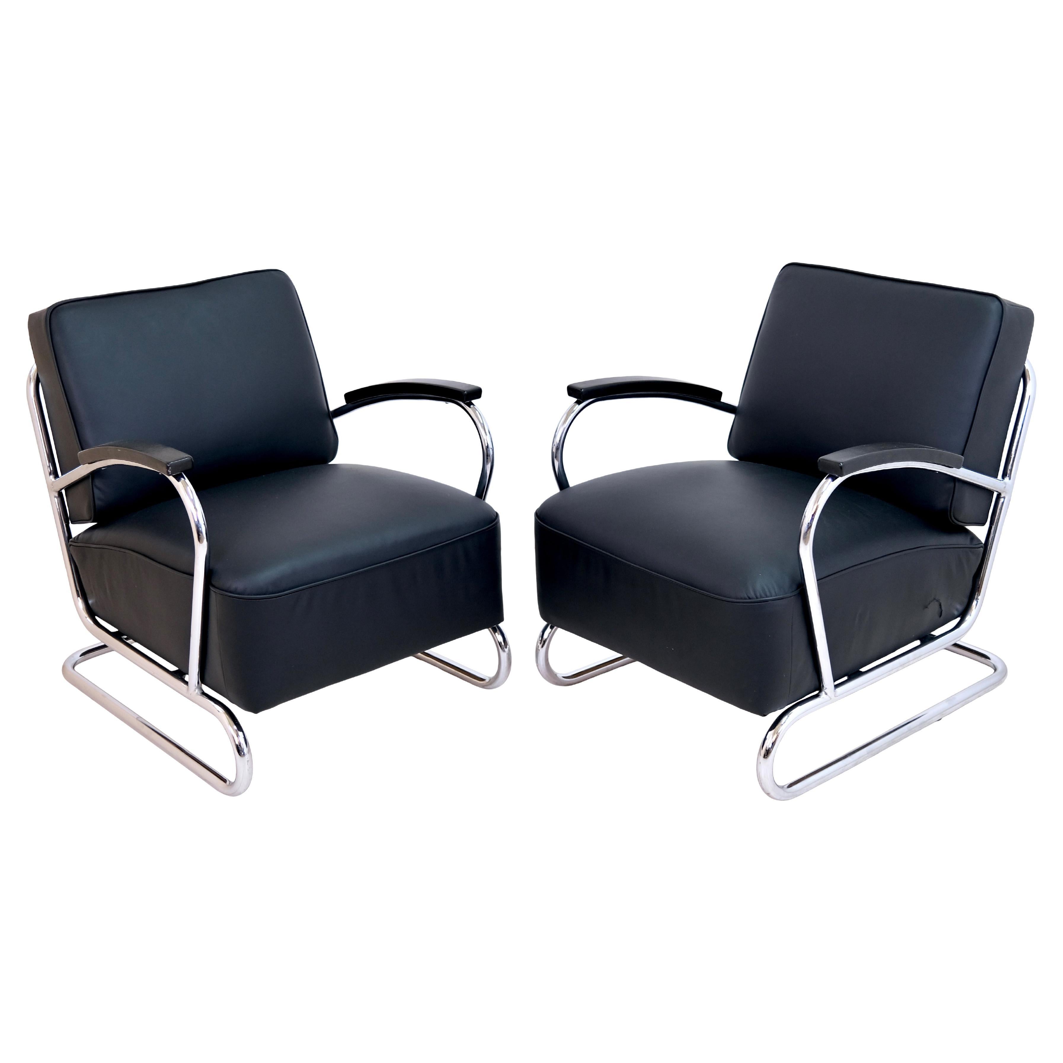 Set of 2 Mid-Century Modern Chrome Steel Tube Club Chairs with Black ...