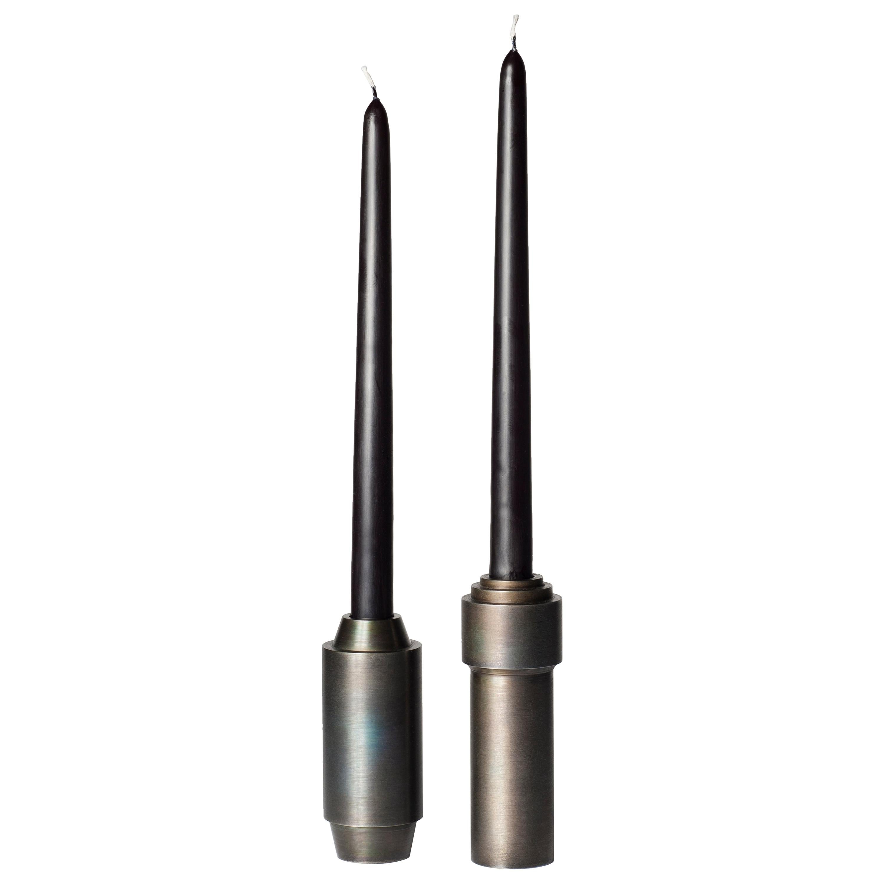 Set of Three Graduated Rosewood and Black Steel Candlesticks by Sam ...