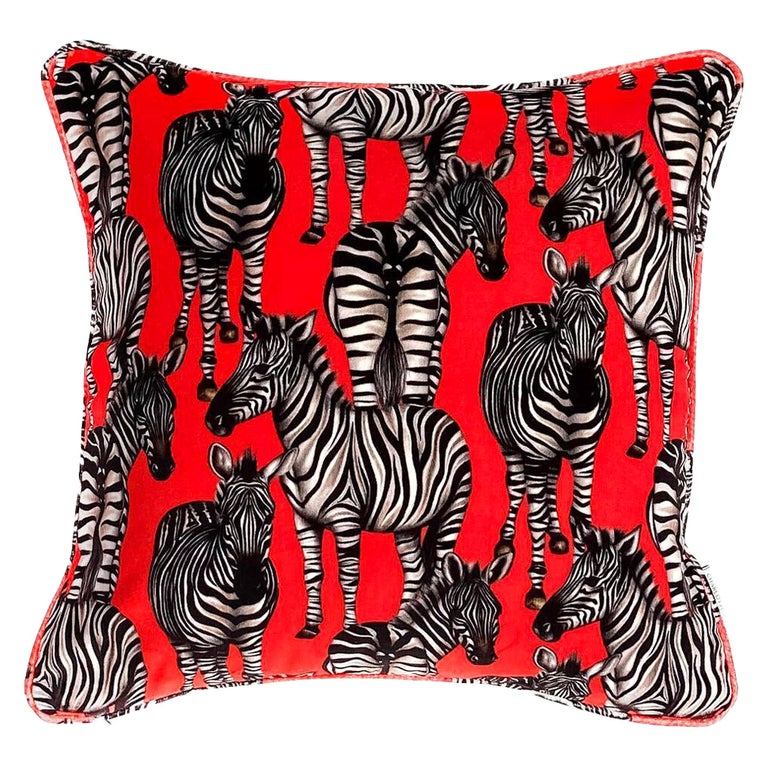 Set of 2 Red Velvet Cushion Cover with Hand-Drawn Zebra Image Pillow at ...