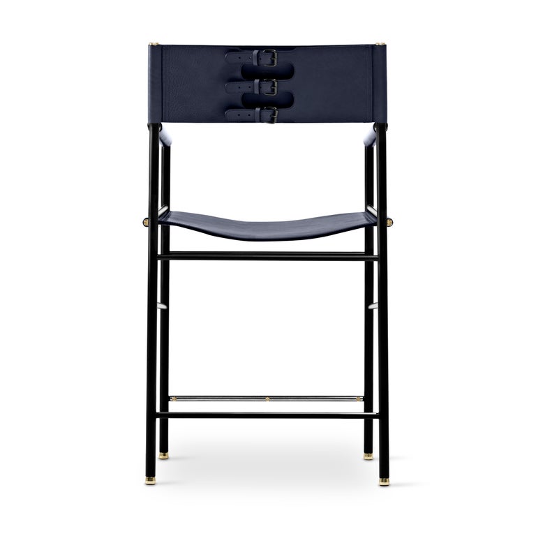 Artisanal Pair Counter Stool w. Backrest Navy Blue Leather and Black ...
