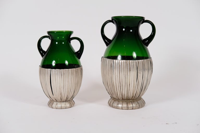 Set of 2 Vavassori Amphoras made in Green Crystal and Sterling Silver ...