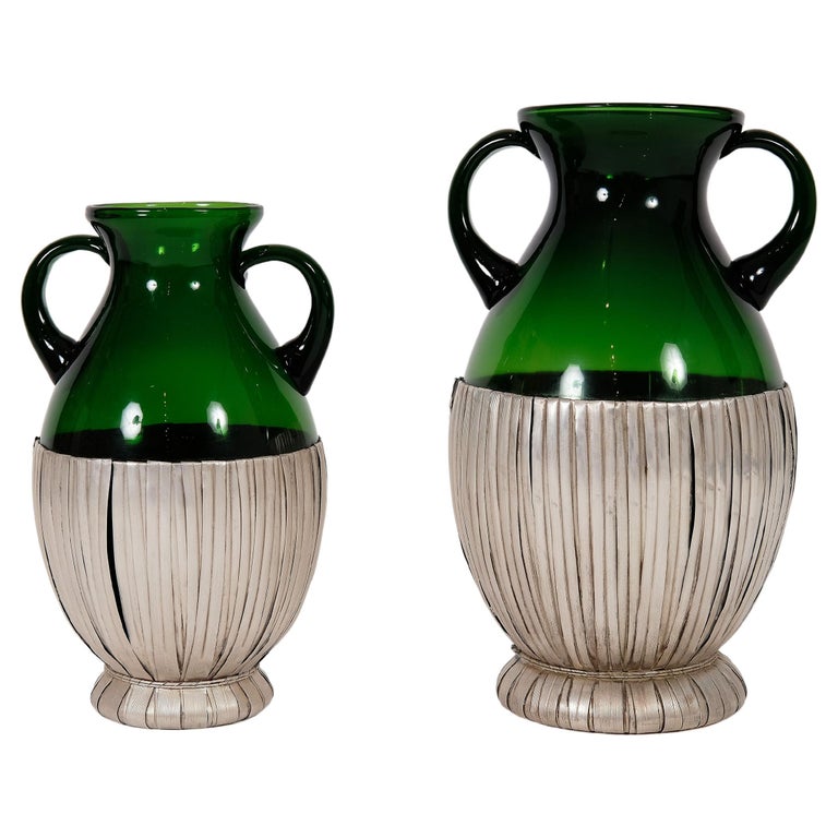 Set of 2 Vavassori Amphoras made in Green Crystal and Sterling Silver ...