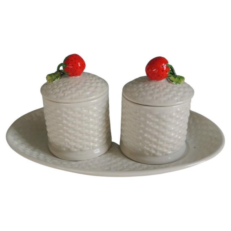 Set of '2' Vintage White Jam Pots on Oval Tray For Sale at 1stDibs