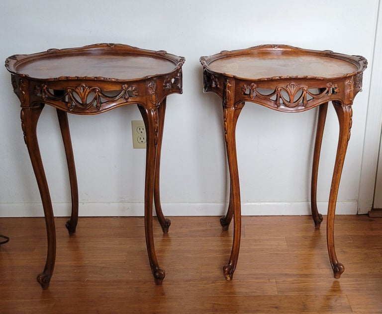 Set of '2' Weiman Heirloom Walnut Hand-Carved Tables with Inlays and ...