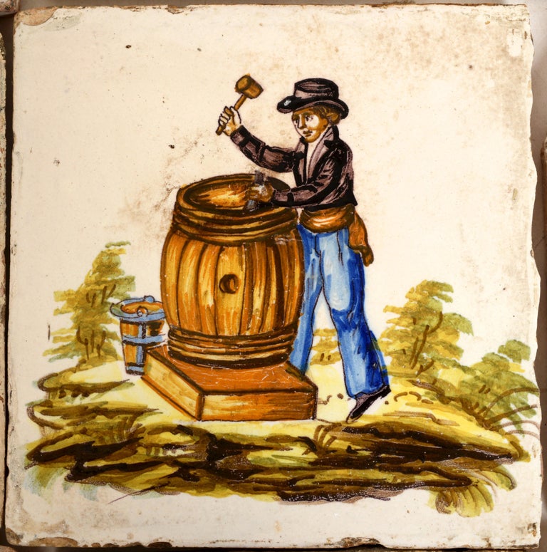 Set of 25 French Hand Painted Tin Glazed Faience Pottery Tiles, 19th C ...