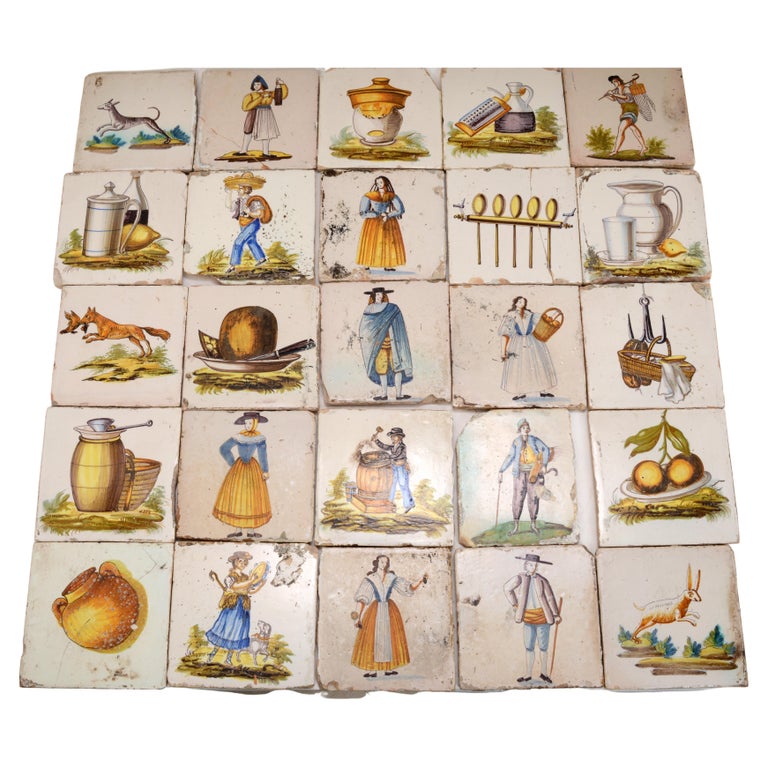 Set of 25 French Hand Painted Tin Glazed Faience Pottery Tiles, 19th C ...