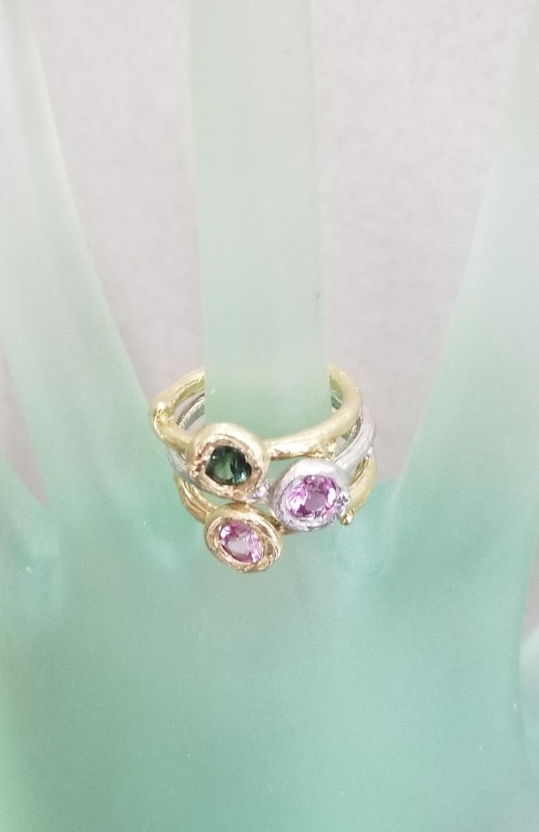 Set of 3 14k gold Multicolored Sapphire Bark Stack-able Rings For Sale ...
