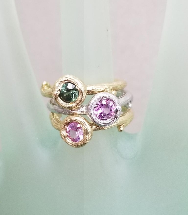Set of 3 14k gold Multicolored Sapphire Bark Stack-able Rings For Sale ...